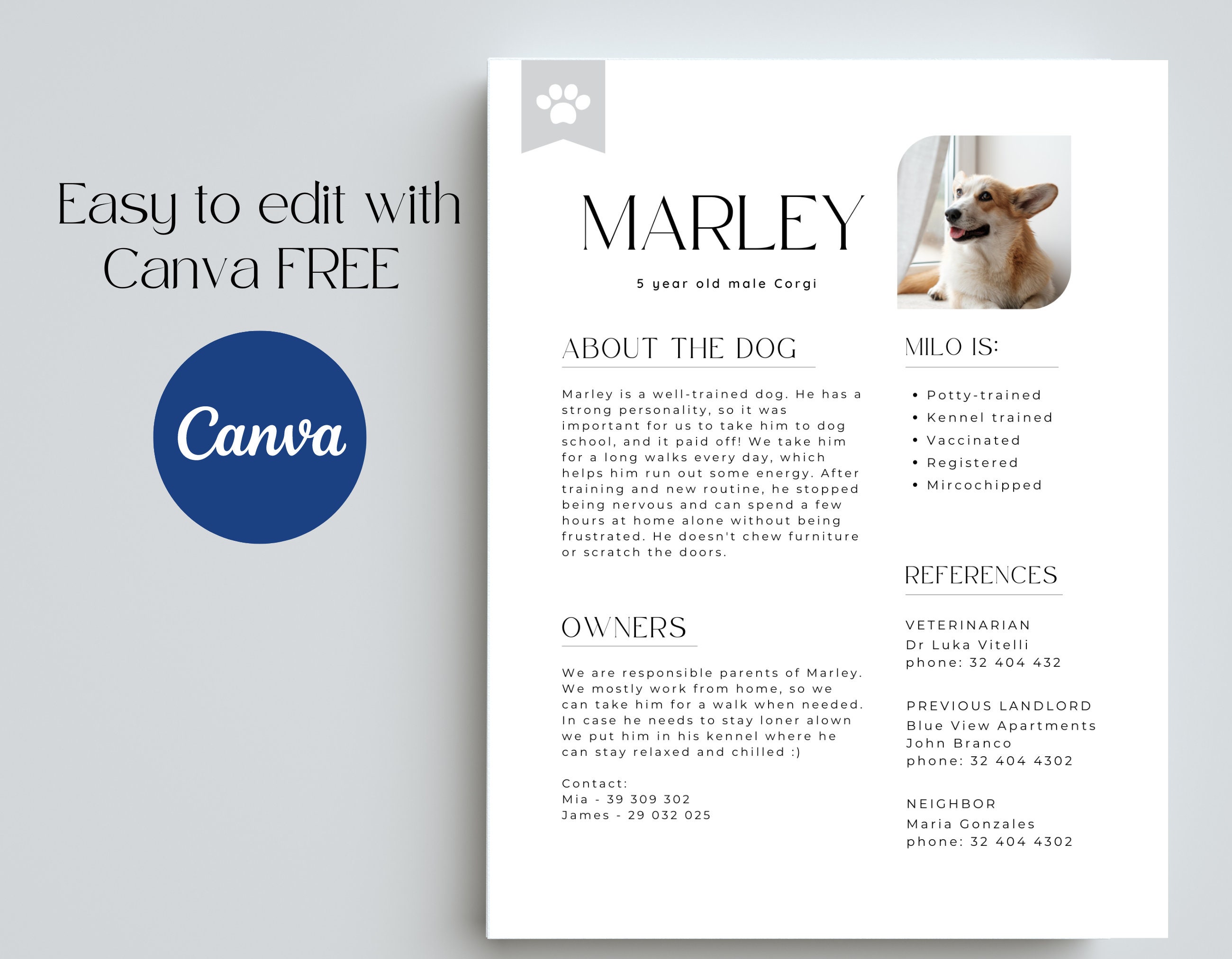 Editable Dog Resume, Pet Bio Cv, Renting Dog Profile, Foster Cat Bio ...