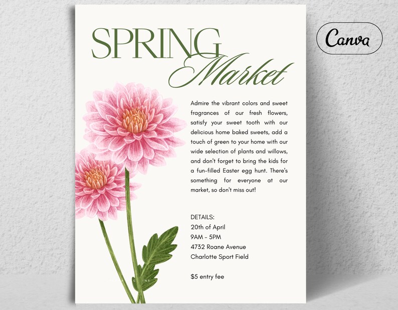 Pink Flower Poster for Local Spring Market Editable Template - Etsy