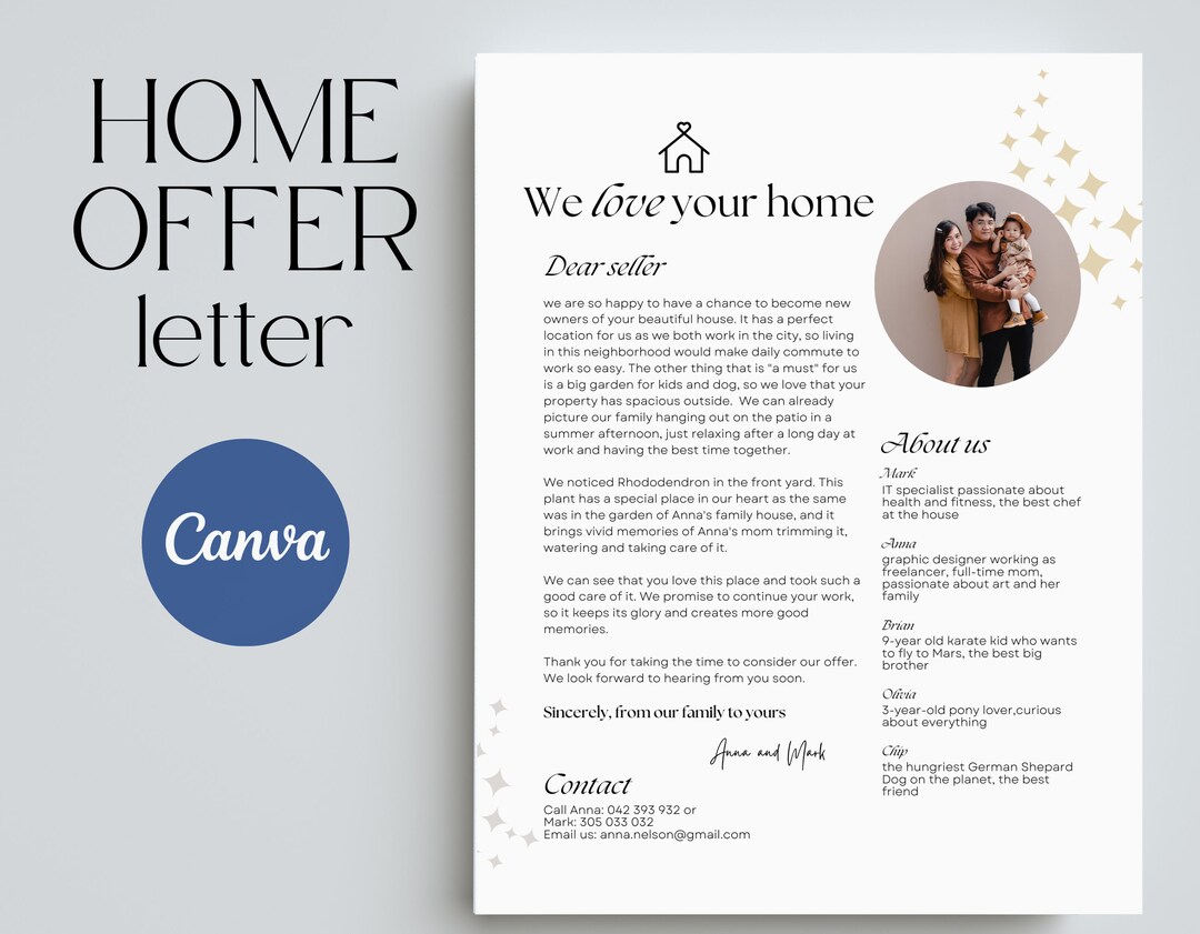 Home Offer Letter Template, Letter to Seller, Buyer Cover Letter, We ...