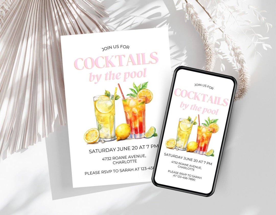 Cocktails by the Pool Invitation Template, Summer Soiree Invitation ...