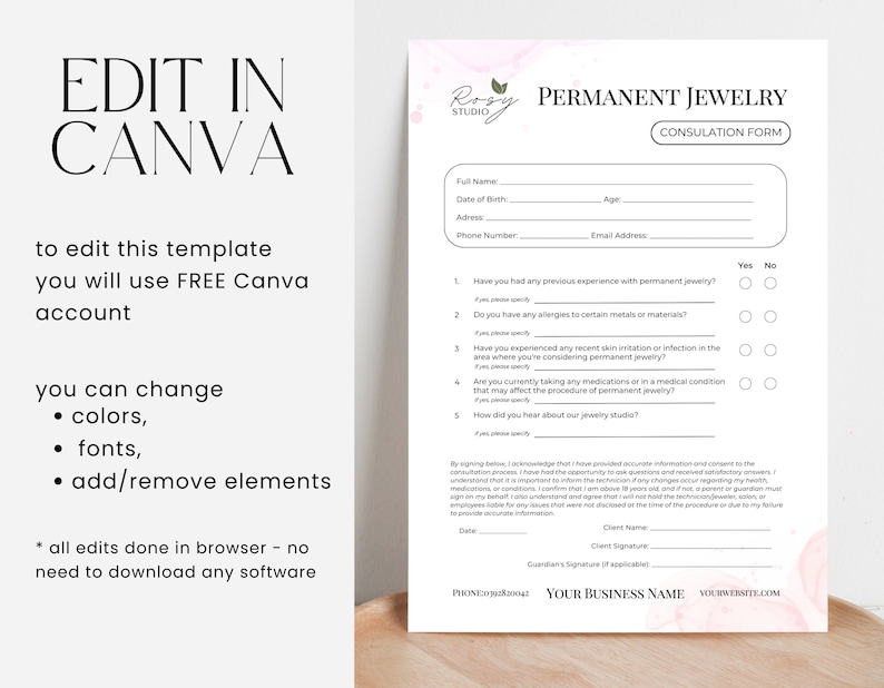 Permanent Jewelry Contract Template, Waiver Permanent Jewelry, Consent ...