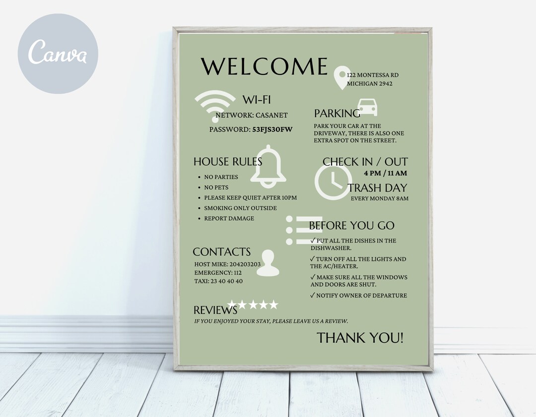 Welcome Sing Template Entryway Information for Home Rent Bed - Etsy