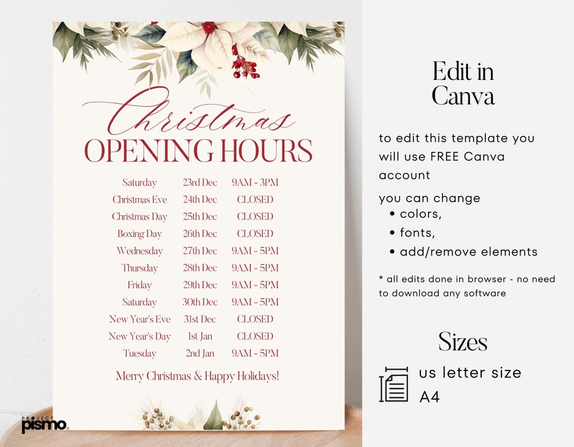 Editable Christmas Store Hours Sign Template, Printable Holiday Store ...