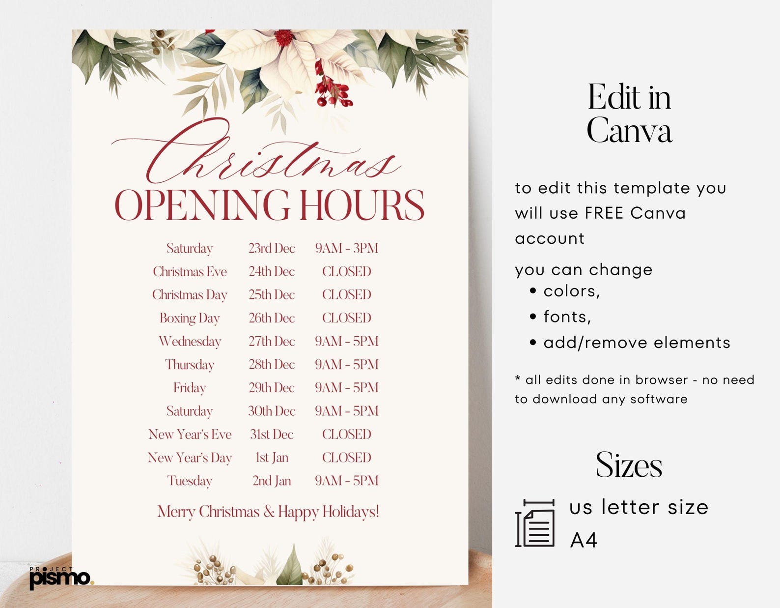 Editable Christmas Store Hours Sign Template, Printable Holiday Store ...