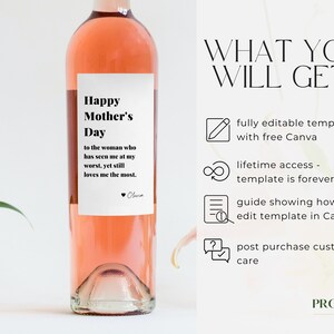 Wine Label Template - Editable Gift for Mother's Day, Bottle Sticker ...