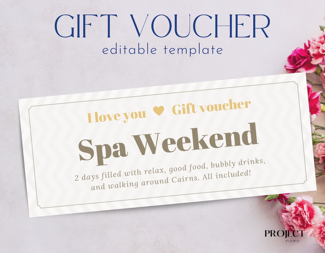 Spa Weekend Voucher Editable Template Printable Valentines Romantic Coupon Trip Weekend Away