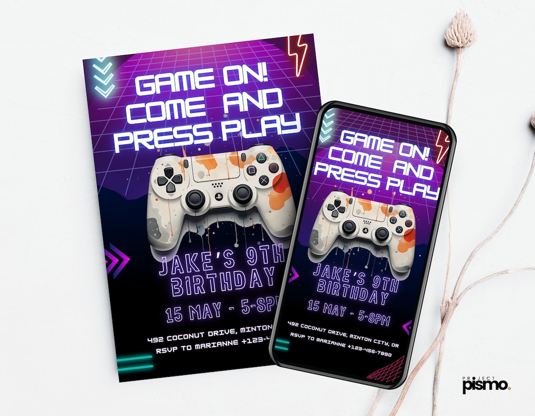 Video Game Party Invitation Template, Editable Game on Press Play ...