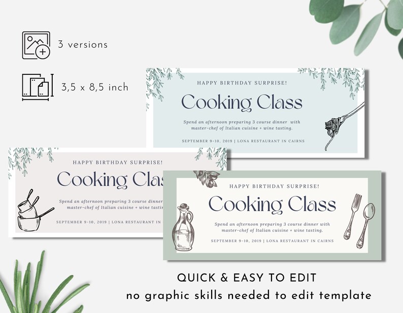 Cooking Class Gift Coupon, Editable Vourcher for Last Minute Present Her, Cooking Lesson ...