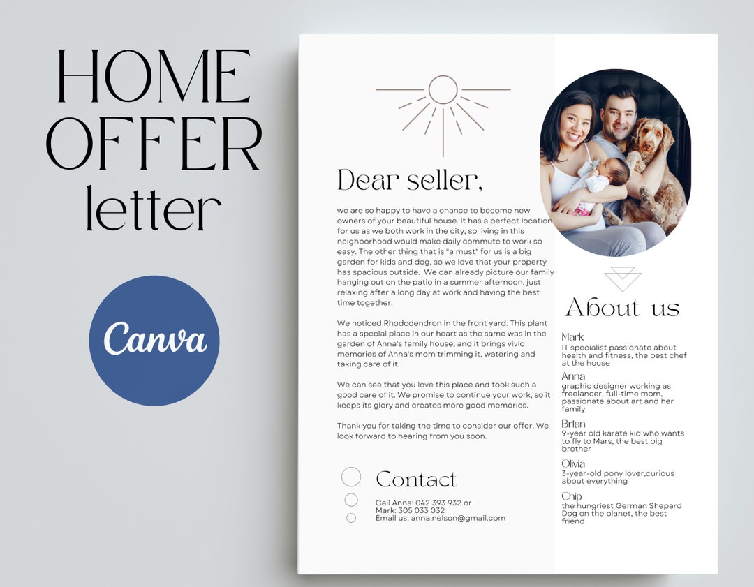 Home Offer Letter Template, Letter to Seller, Home Offer Cover Letter ...