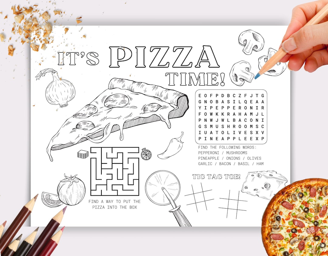 Kids Pizza Party Activity Placemat Printable Pizza Night Colouring Page ...