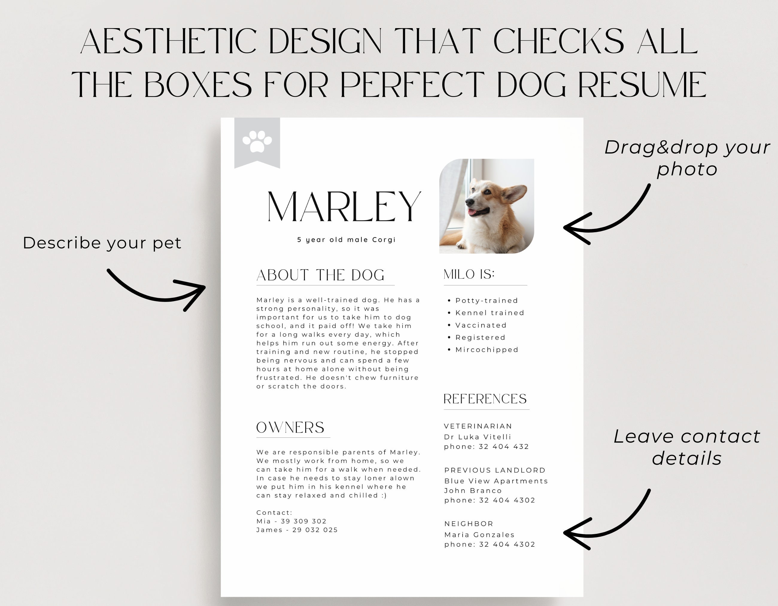 Editable Dog Resume, Pet Bio Cv, Renting Dog Profile, Foster Cat Bio ...