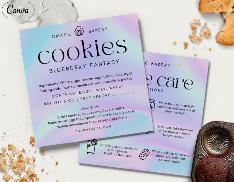 Bakery Label Template: Unicorn Holographic Cookie Care & Thank You Note ...