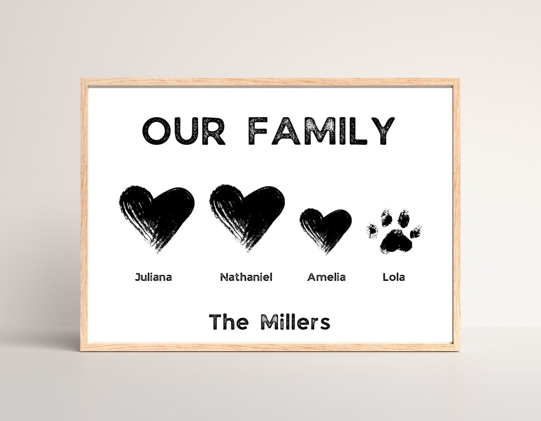 Personalized Our Family Print With Names and Dog Cat Animal Paw, Hearts ...