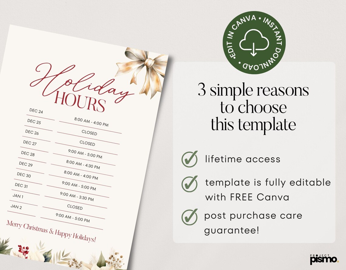 Editable Christmas Store Hours Sign Template, Printable Holiday Store ...