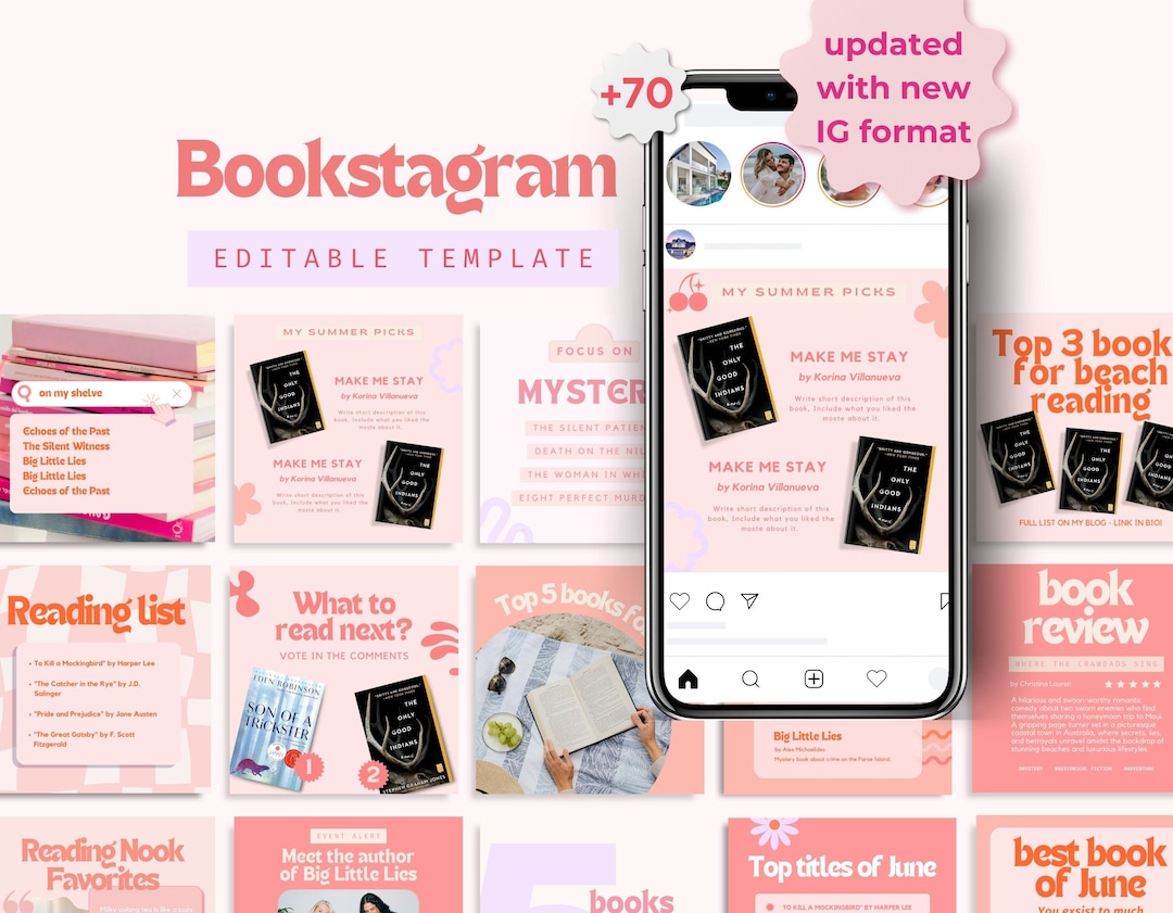 Retro Blush Bookstagram Templates, Pink Purple Canva Bundle for Book ...