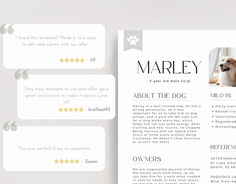 Editable Dog Resume, Pet Bio Cv, Renting Dog Profile, Foster Cat Bio ...