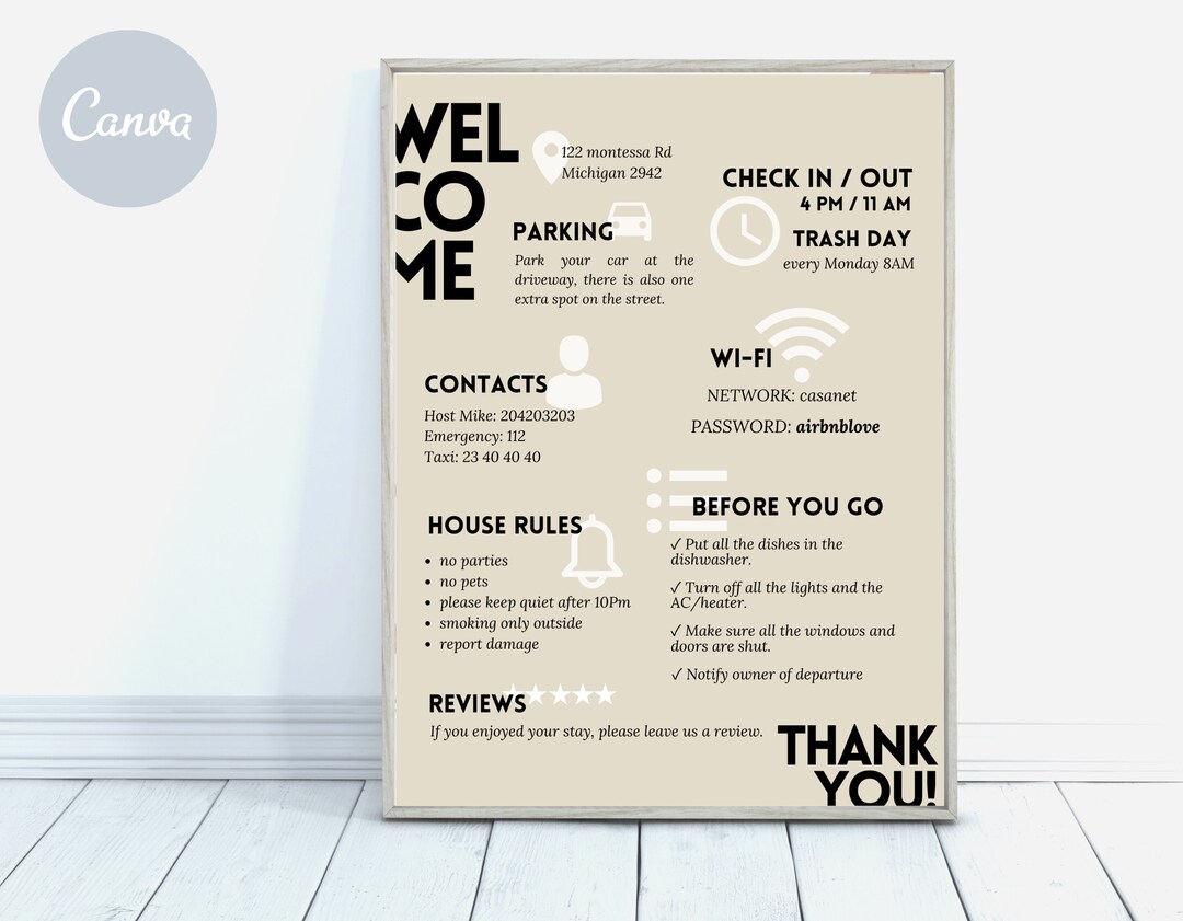 Welcome Sign Template for Short Rental, House Rules and Guide Poster ...