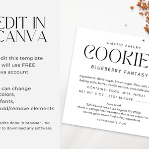 Cookie Label, Cottage Food Sticker Canva Template, Cupcake Ingredient ...