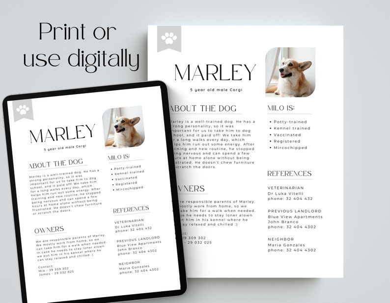 Editable Dog Resume, Pet Bio Cv, Renting Dog Profile, Foster Cat Bio ...