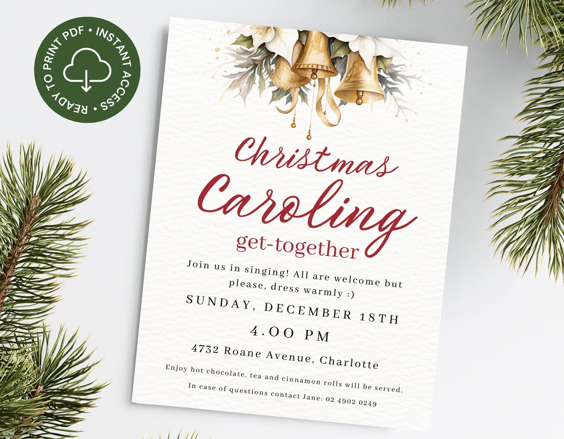 Christmas Caroling Event Invitation, Printable Winter Holiday Carol ...