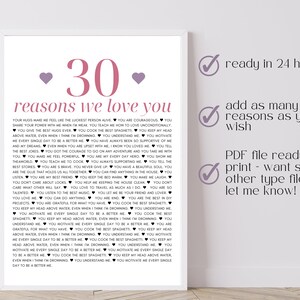 50 Reasons We Love You, Printable Poster, Customized Unique Cute Gift ...