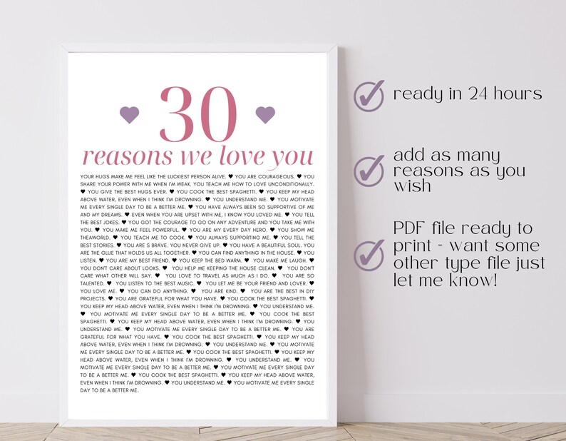 50 Reasons We Love You Printable Poster Customized Unique - Etsy