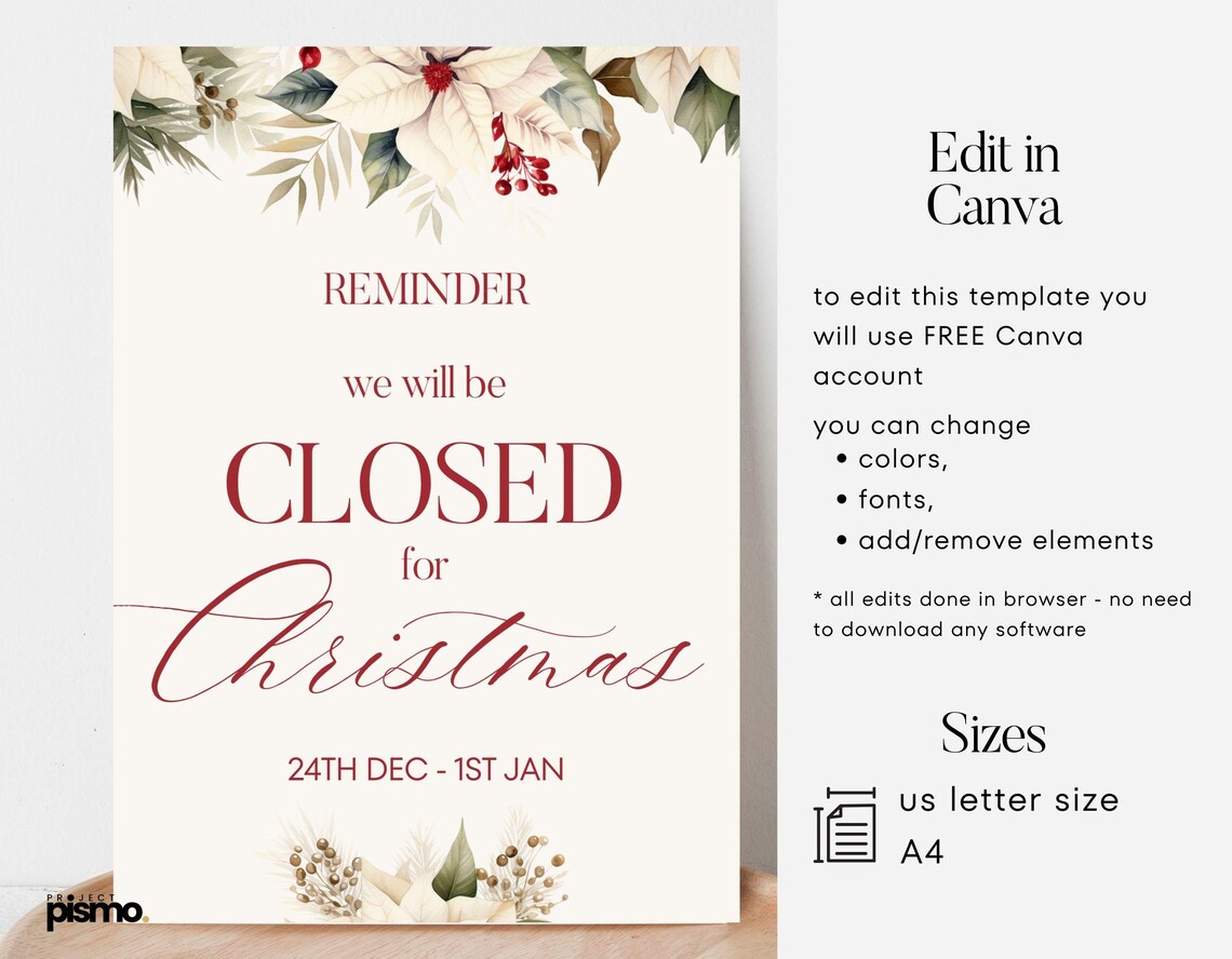Closed for the Holidays Sign, Closed for Business, Shop Open Hours ...