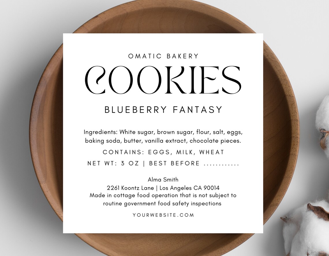 Cookie Label Template: Minimalist Bakery Food Sticker Cottage Law Label ...