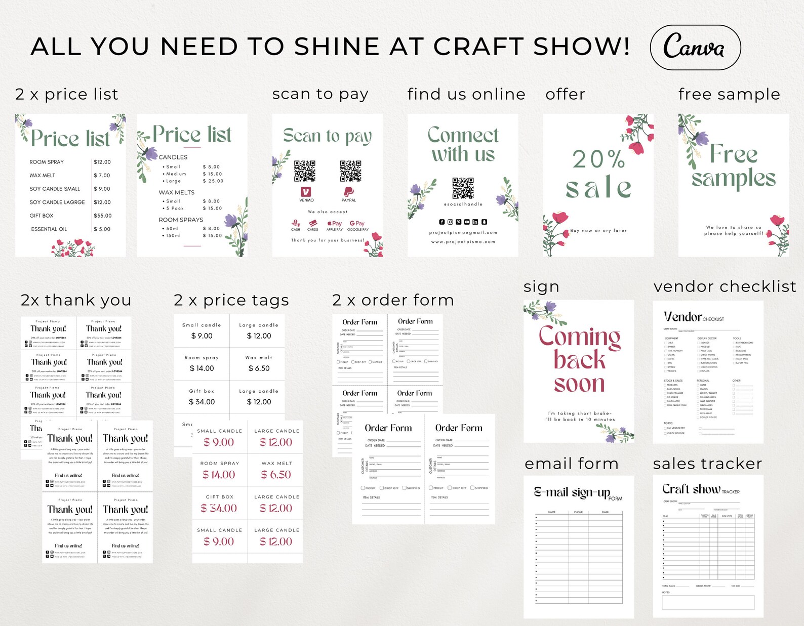 Craft Show Vendor Template Bundle: Price List, Order Form (digital ...