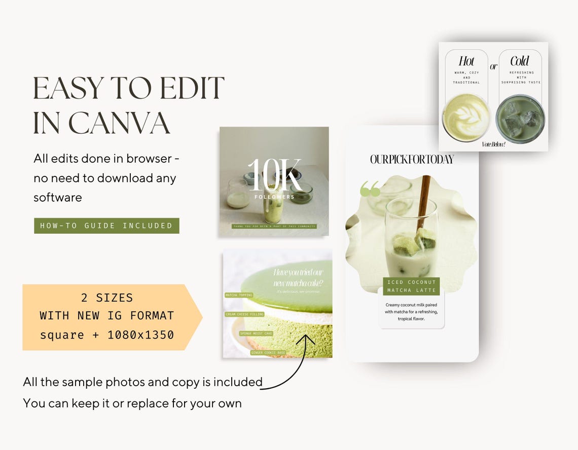 Matcha Instagram Canva Templates, Coffee Shop Social Media Bundle, Boba ...