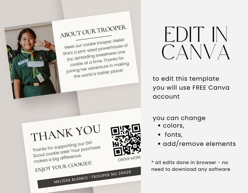 Youth Cookie Sales Card, Editable Template With Photo and QR Code, Girl ...