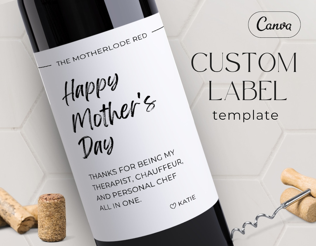 Wine Label Template - Editable Gift for Mother's Day, Bottle Sticker ...