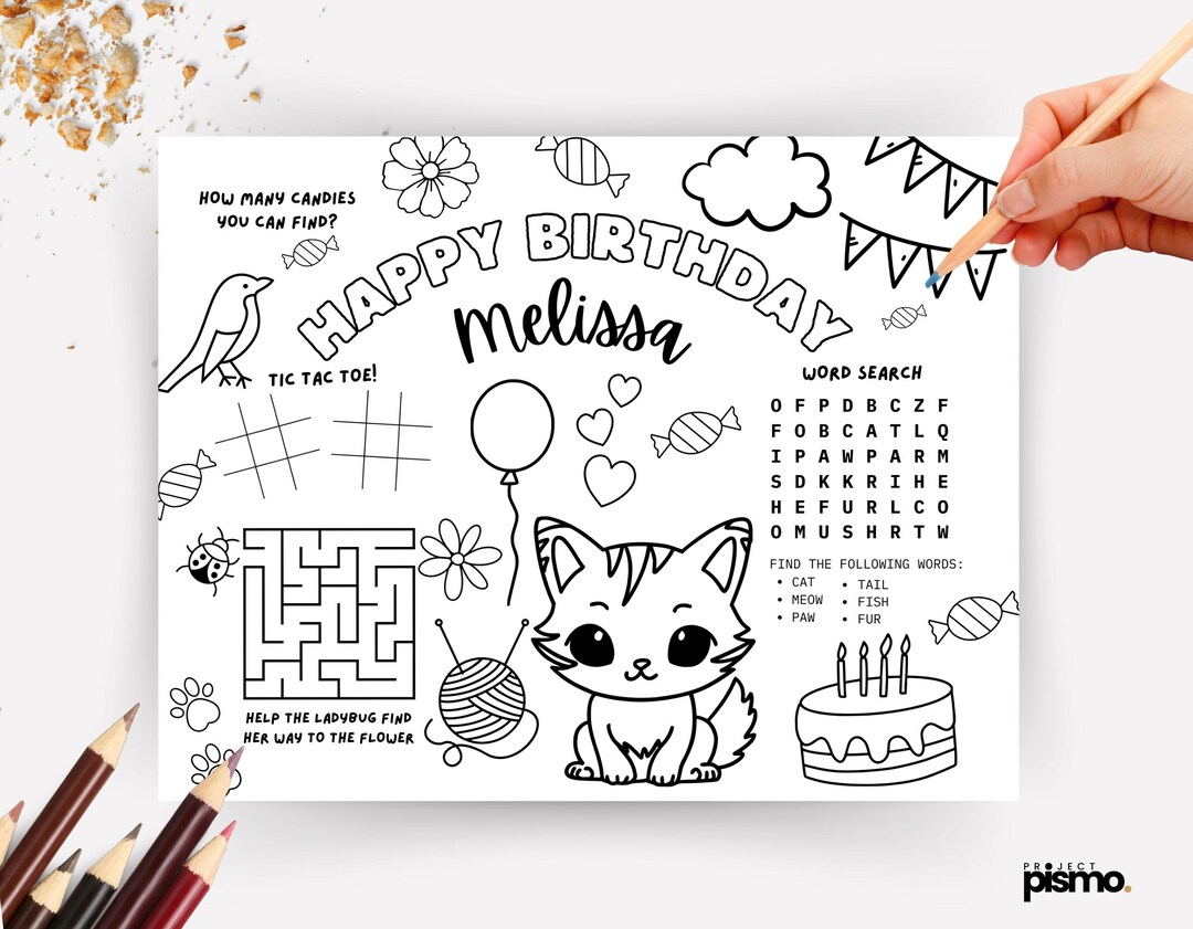 Personalized Kids Party Activity Placemat Printable With Kitten, Cat ...