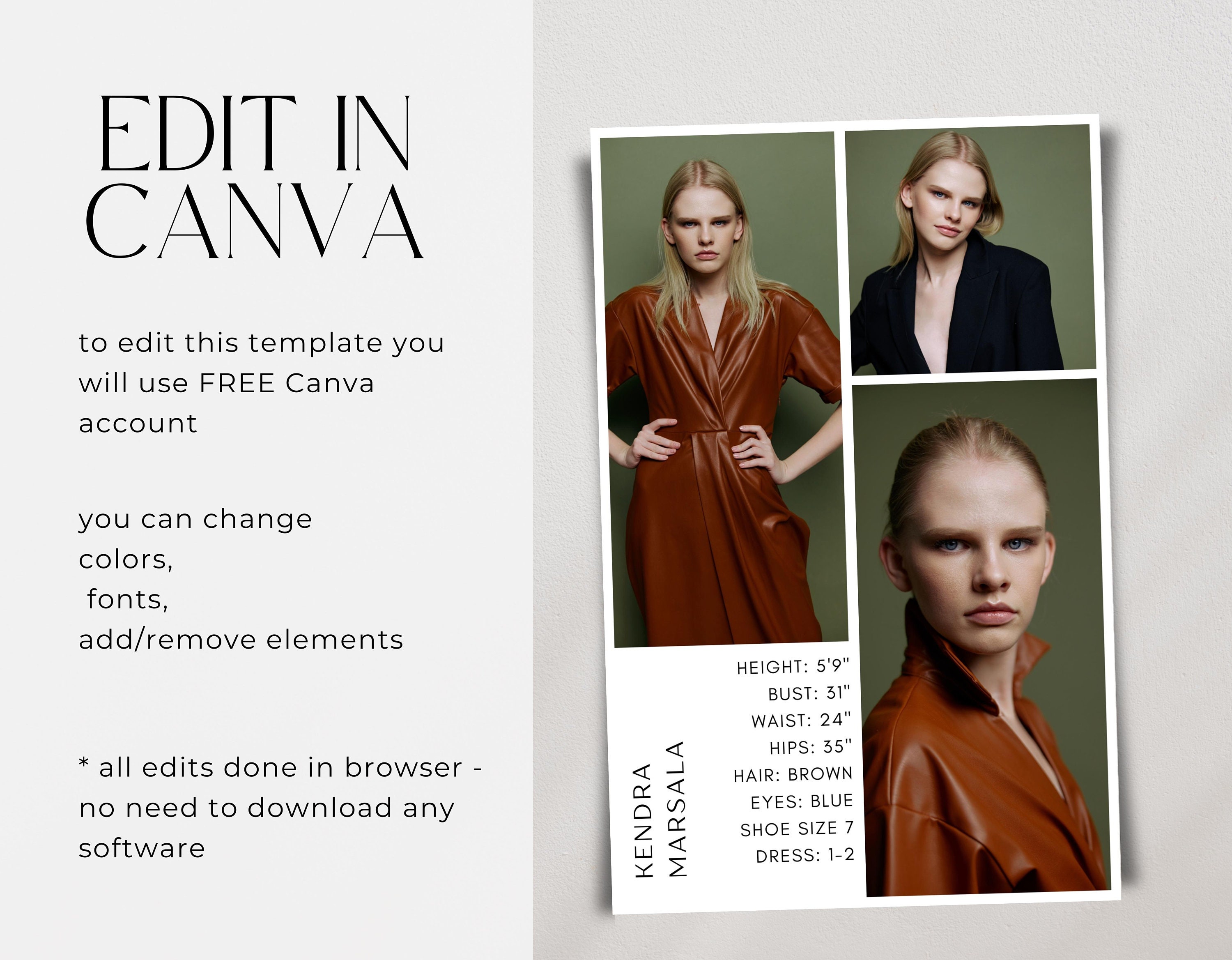 Zed Card for Models Template Modeling Comp Card Fashion - Etsy