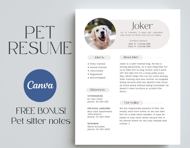 Pet Bio Resume, Renting Dog Profile, Foster Cat Bio, About My Pet ...
