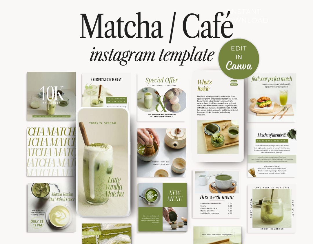 Matcha Instagram Canva Templates, Coffee Shop Social Media Bundle, Boba ...