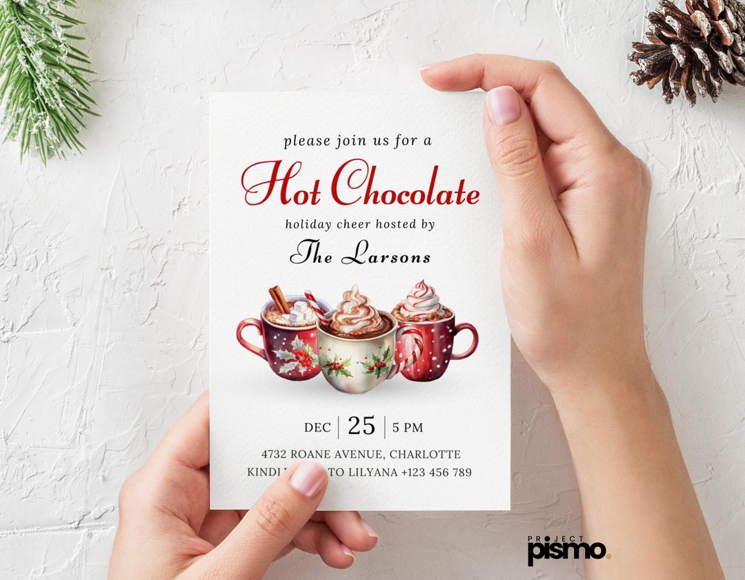 Editable Christmas Cheer Invitation Template, Watercolor Hot Chocolate ...