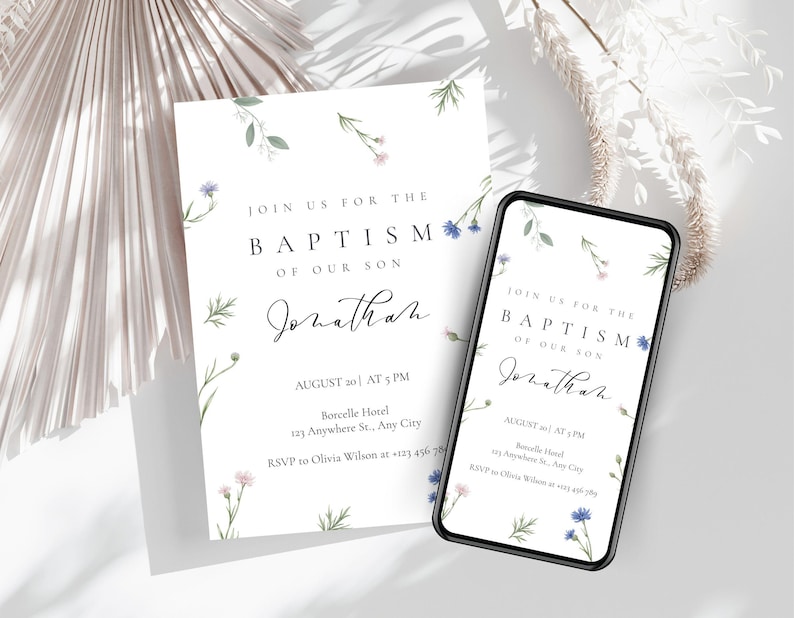 Spring Christening Invitation Template With Meadow Flowers, Green ...