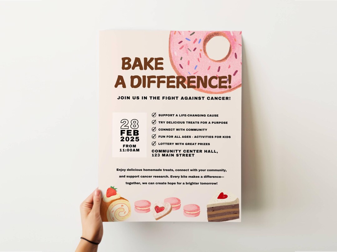 Editable Bake Sale Festival Flyer, Cancer Awareness Daycharity Cake Fundraiser Invite, Non ...