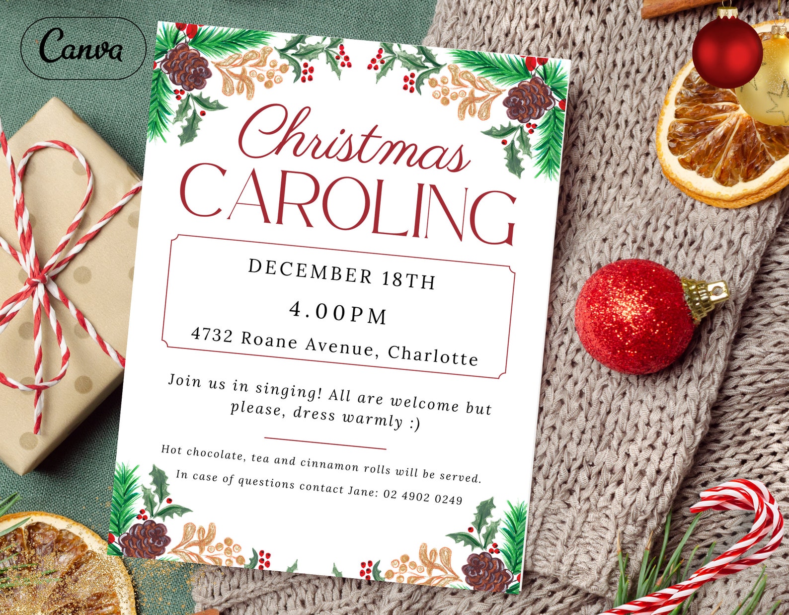 Christmas Caroling Event Invitation - Editable Template, Holiday ...