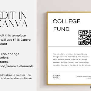 Graduation QR Code Sign, College Fund Template Canva, Venmo QR Code ...