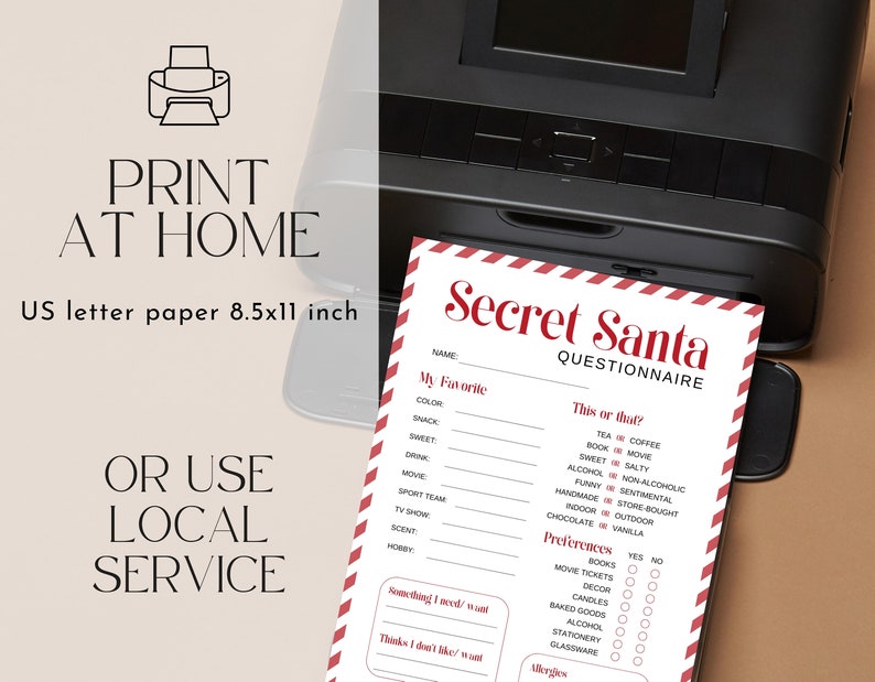 Secret Santa Questionnaire Printable, Sign up Form for Secret Santa ...