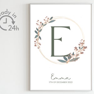 Custom Baby Name Initial Print, Floral Girl Room Decor, Pink Name Sign ...