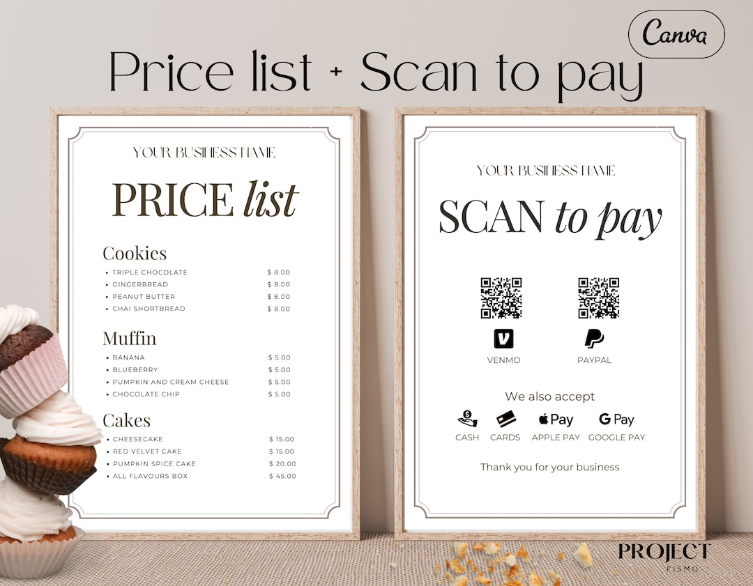 Bakery Price List & Scan to Pay Sign Template (editable Canva) - Etsy