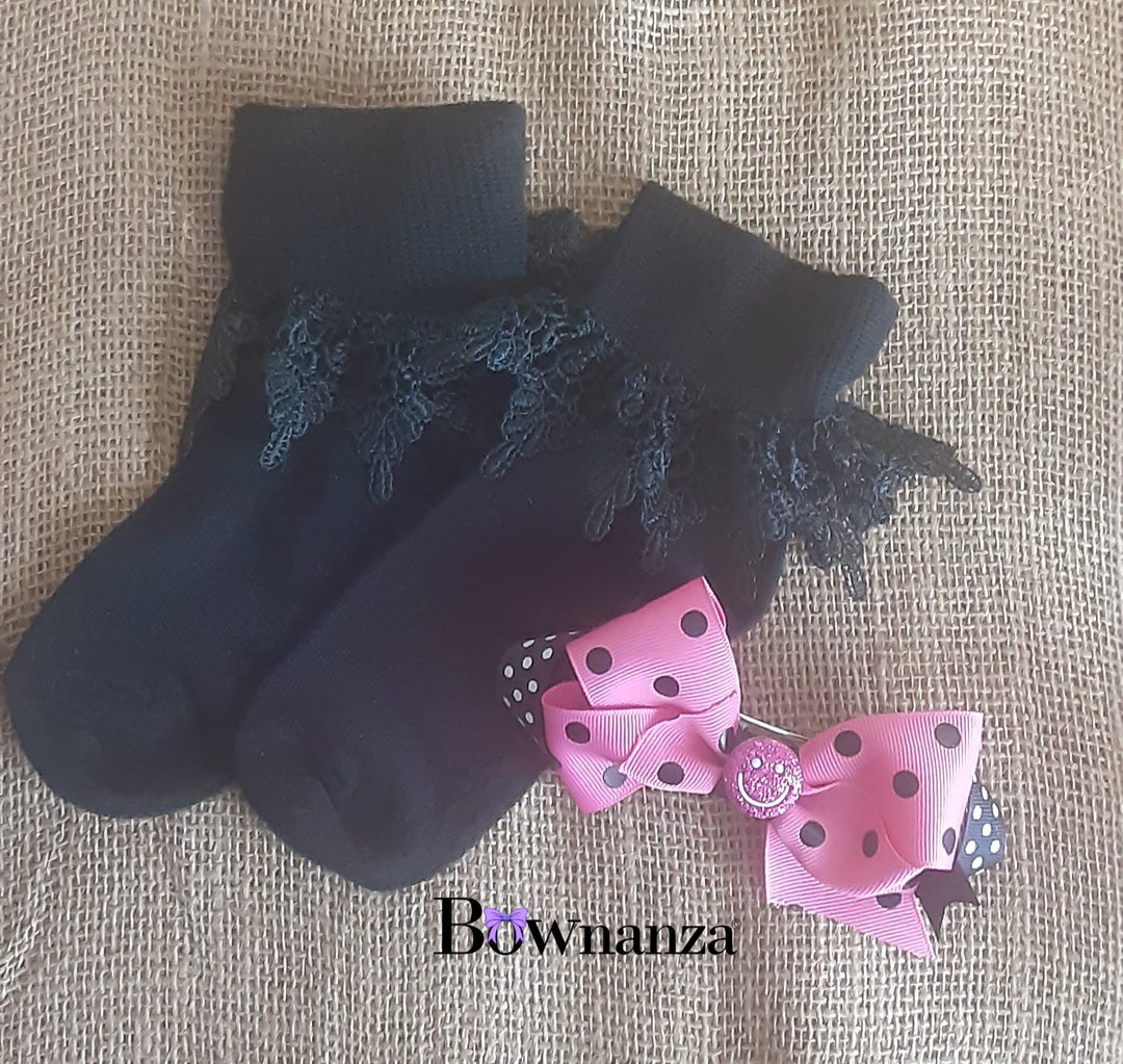 NEW Little Girl's Black Lace Cuffed Sock Kids Sock With Matching Polka ...