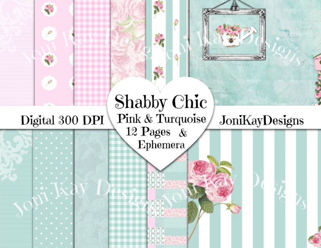 Shabby Chic Pink & Turquoise Digital Paper Set, Printable Junk Journal ...