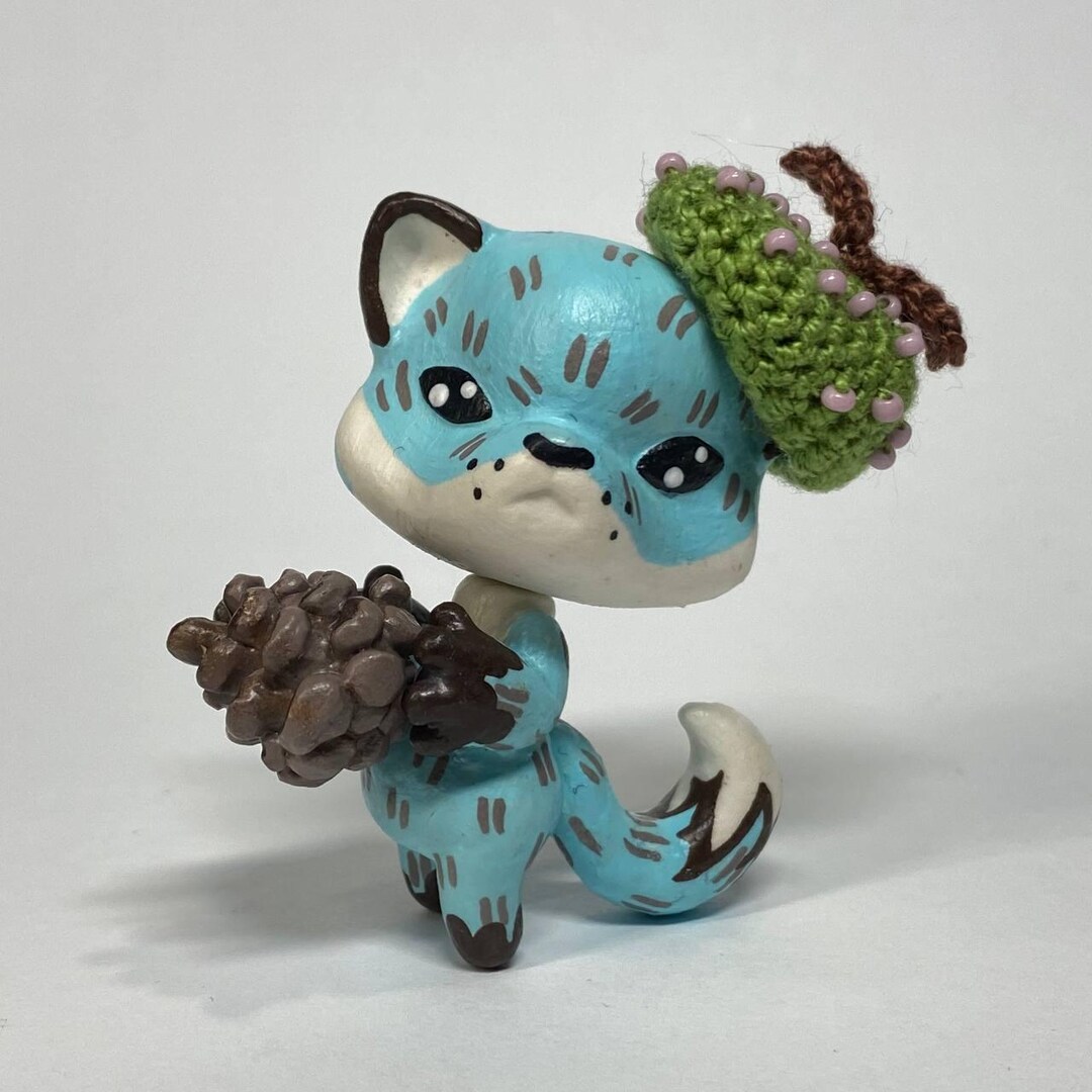 Cute Little Light Blue Fox With Tiny Cone, Handmade Art Doll, Art Toy ...