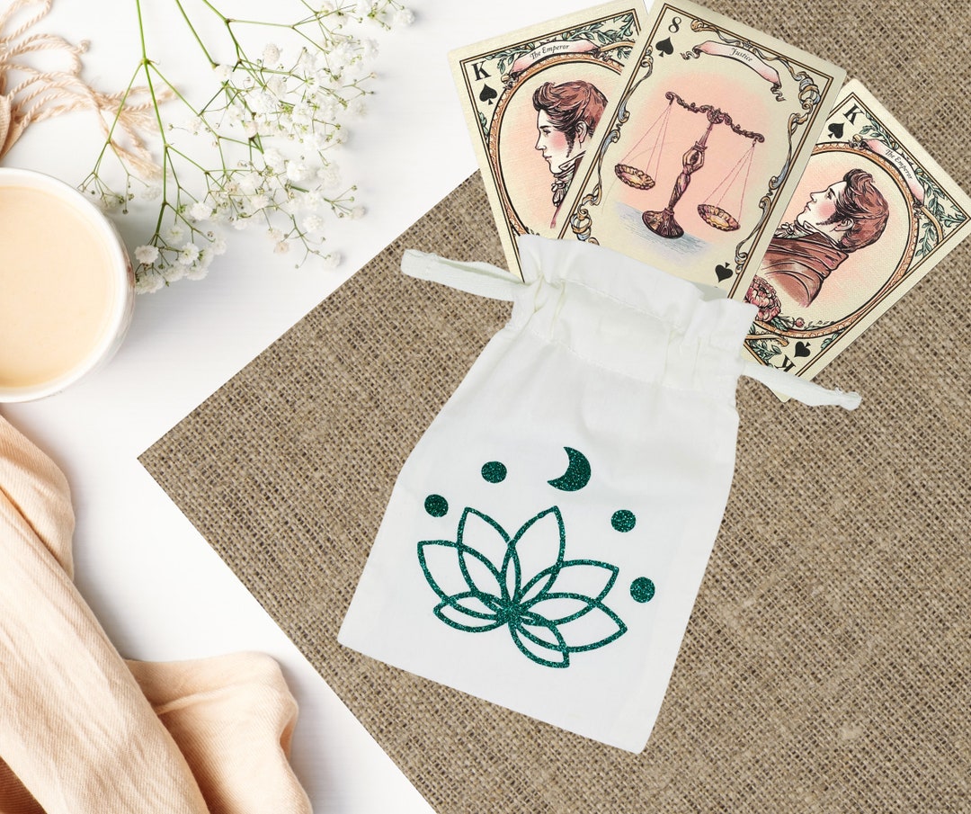 Lotus Flower Tarot Bag in White Cotton With Green Glitter Tarot Pouch ...