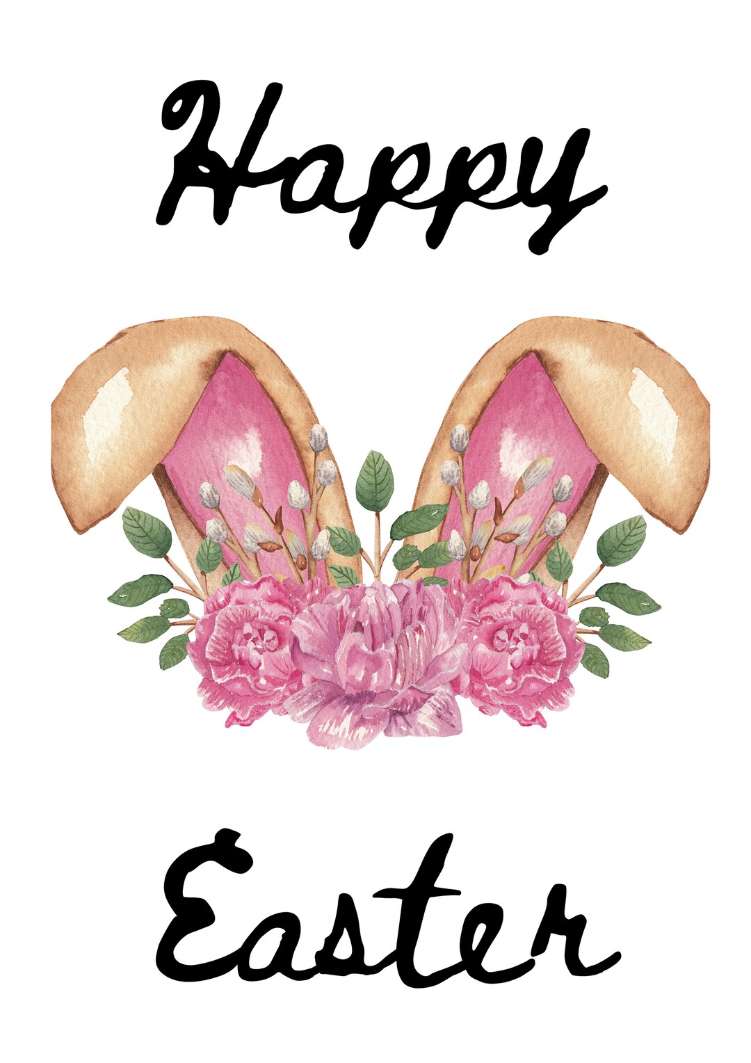Easter Bunny Ears and Flowers Printable Poster, Happy Easter Poster ...