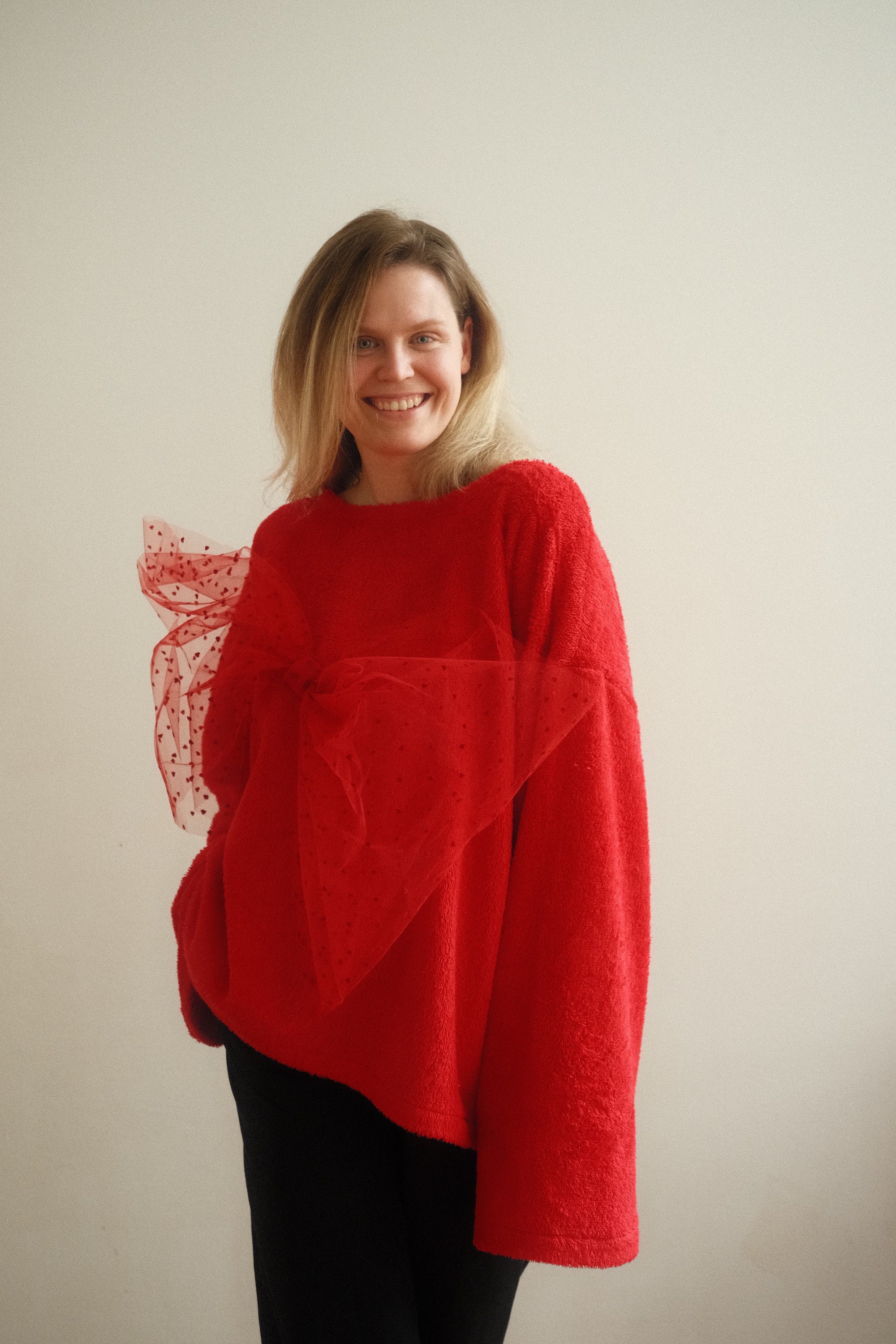 Oversized Red Terry Sweater With Big Bow Tie, Terry Cloth Sweater ...
